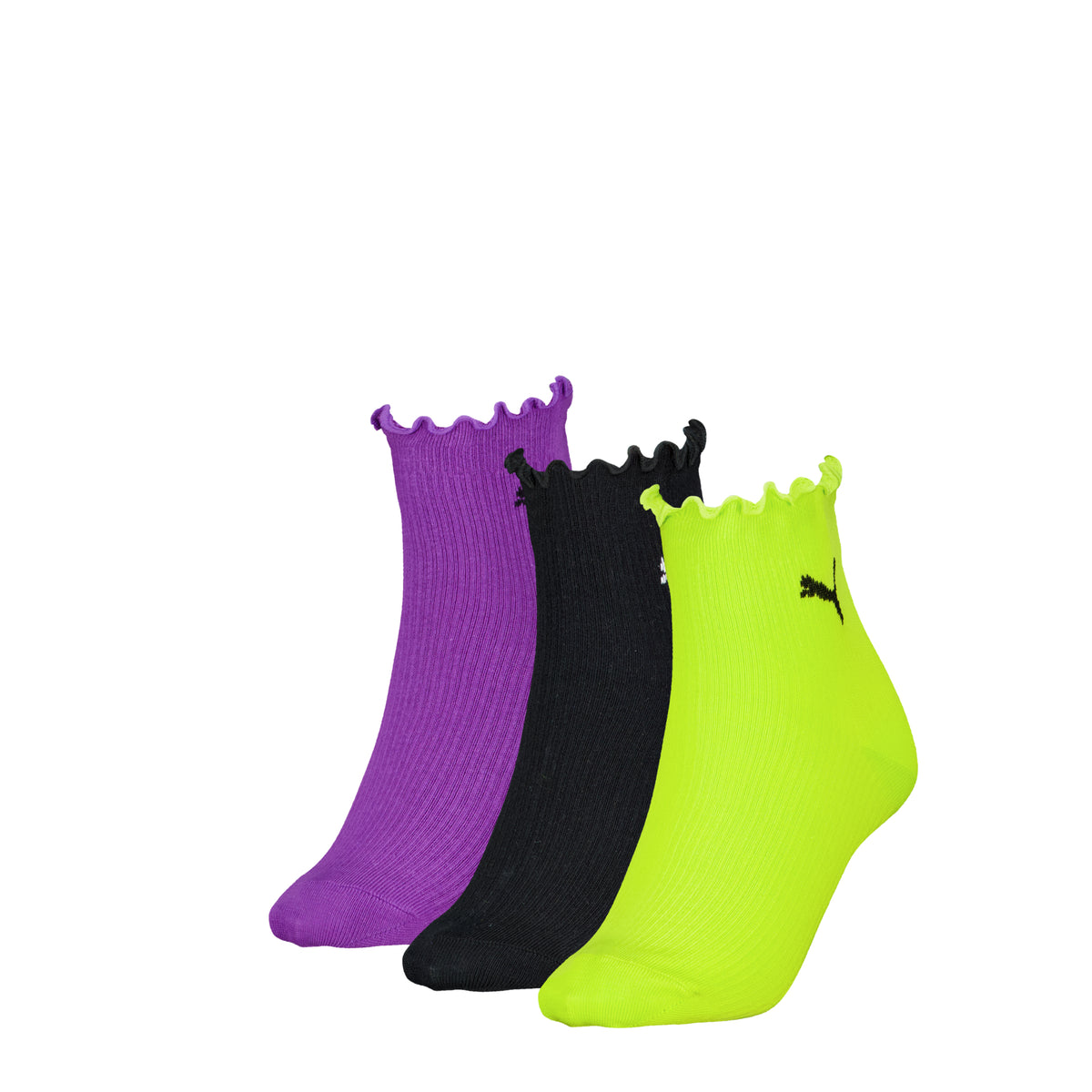 Puma® Women's Ruffle Edge Quarter Socks 3 Pair Pack -Lime-Black-Purple ...