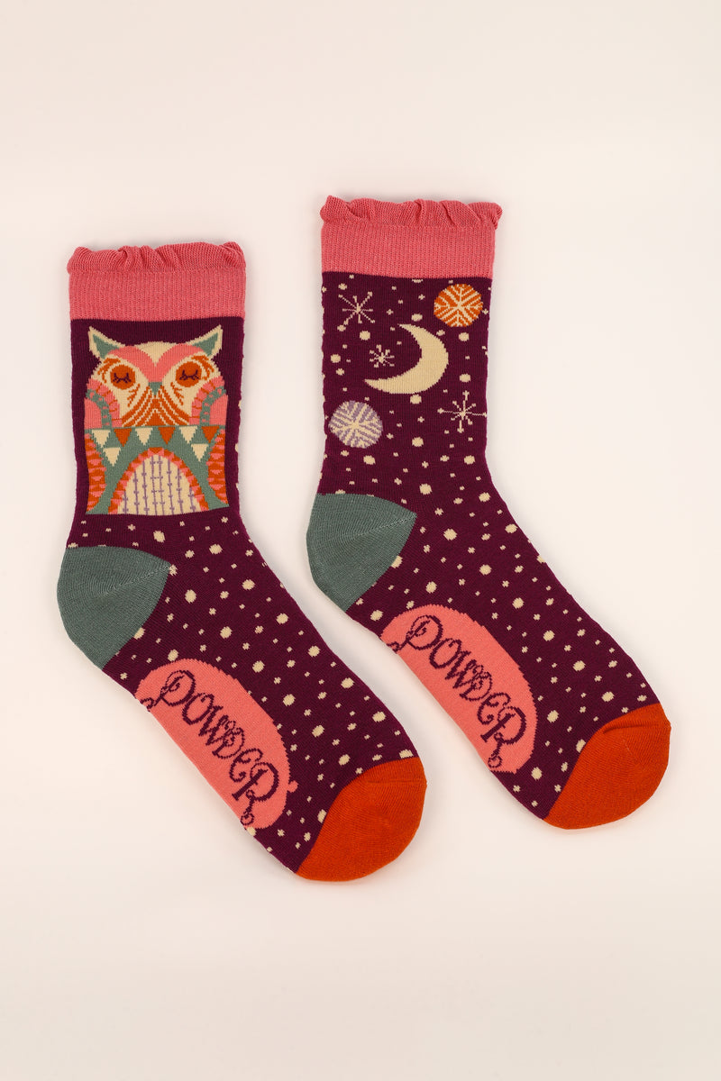 Powder Ladies Bamboo Cotton Knit Socks - Owl by Moonlight - Grape ...